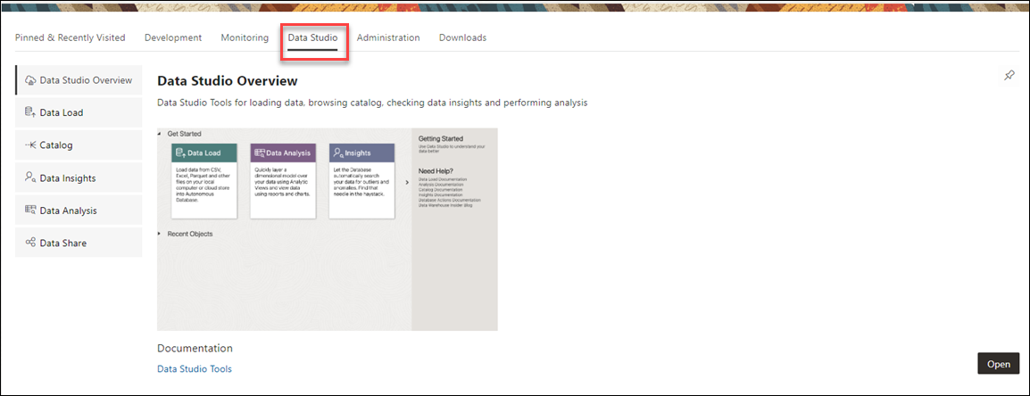 The Data Studio Overview Page