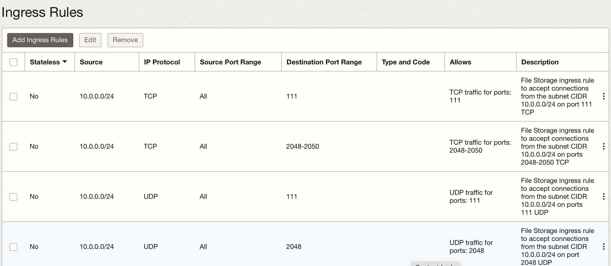 Configuring VCN Security Rules for File Storage